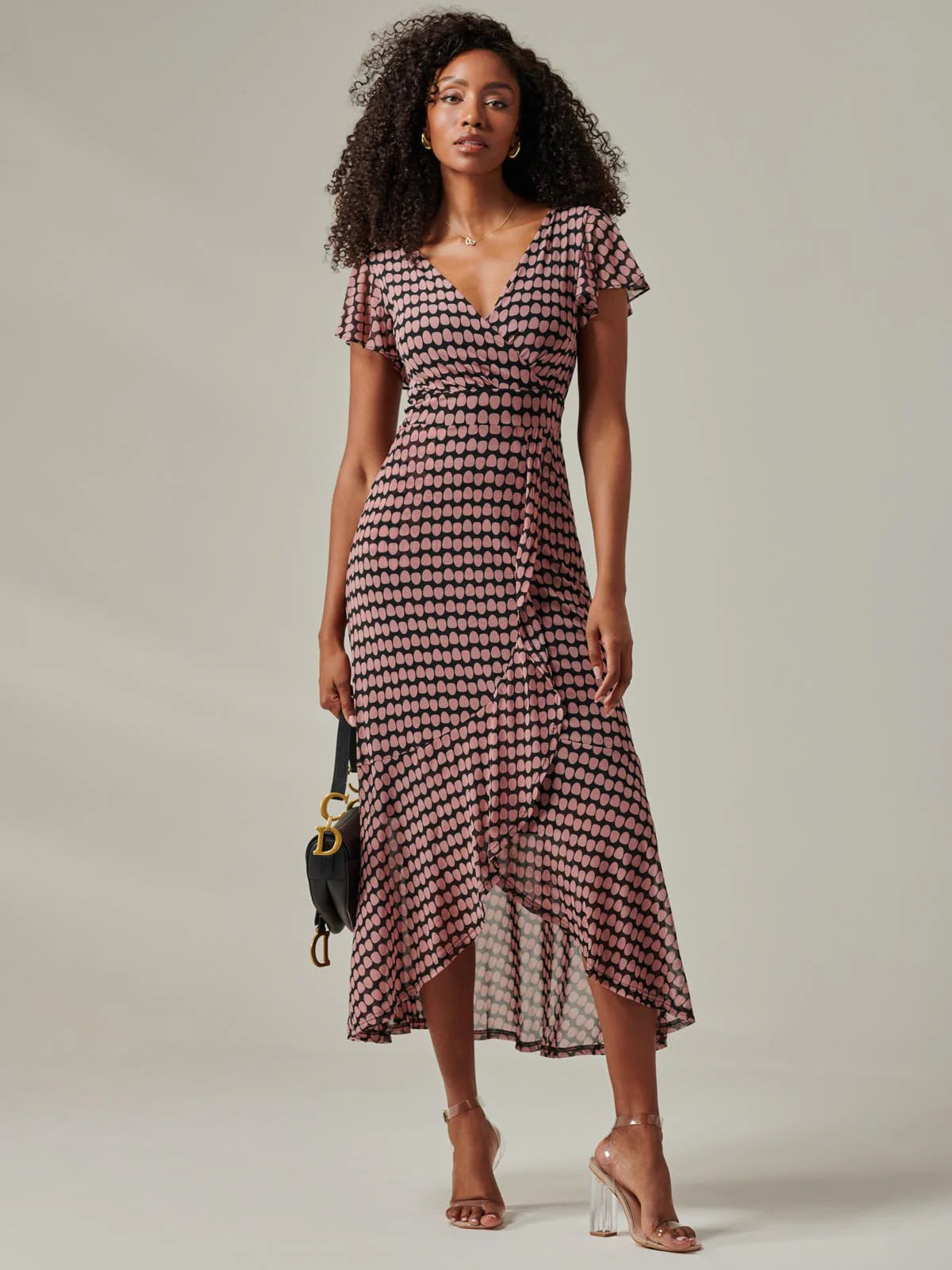 Jennie Pink Geo Print Ruffle Hem Short Sleeve Mesh Maxi Dress| LittleMadam
