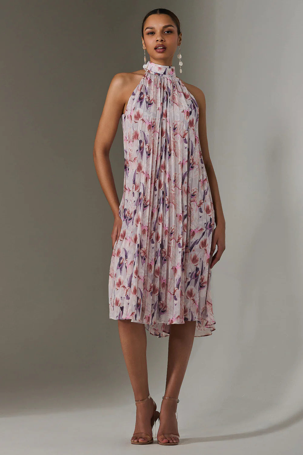 Lulu Purple Floral Pleated Halter Neck Midi Dress | LittleMadam