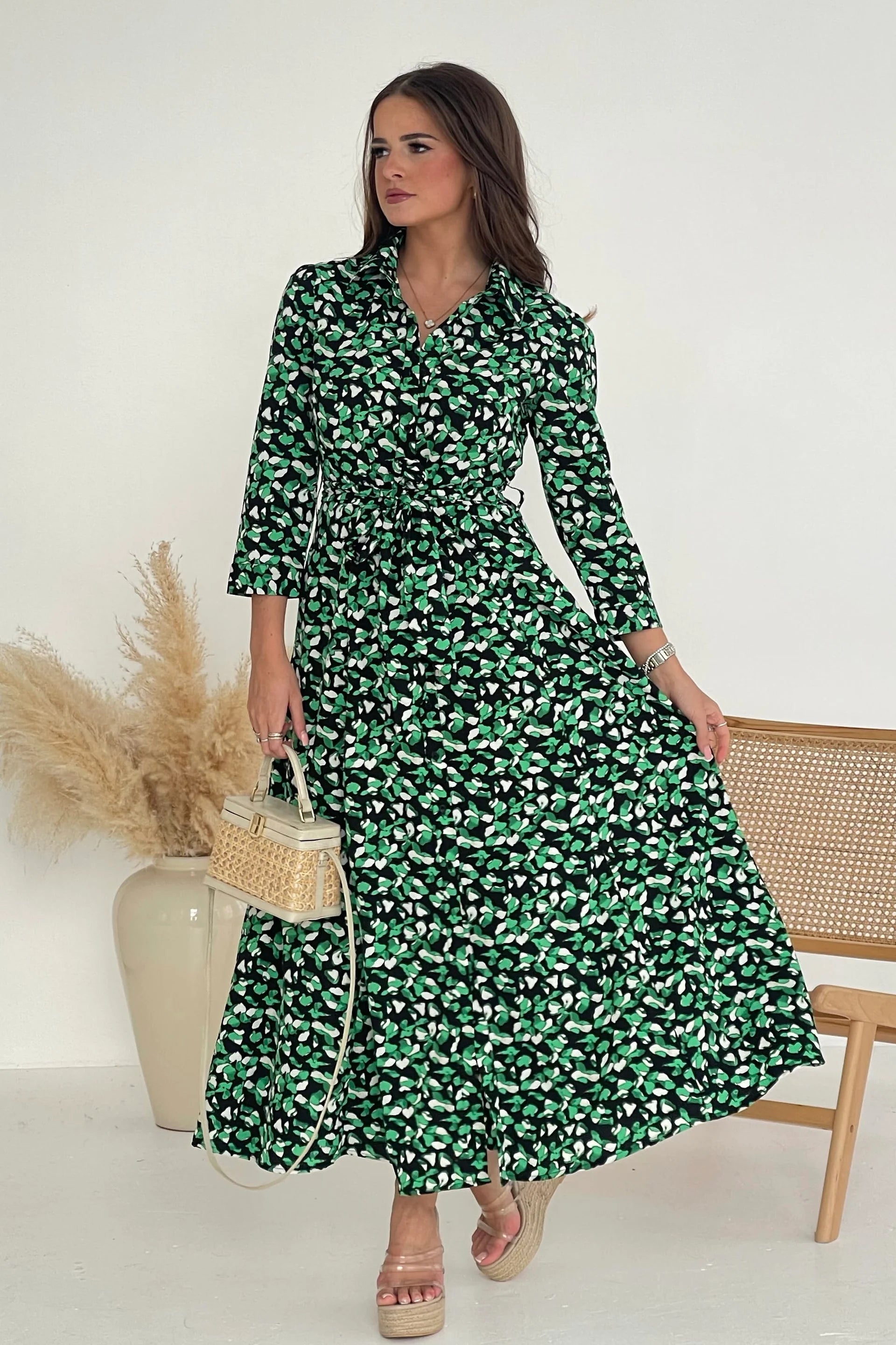 Angela Green Print Long Sleeve Shirt Dress | LittleMadam