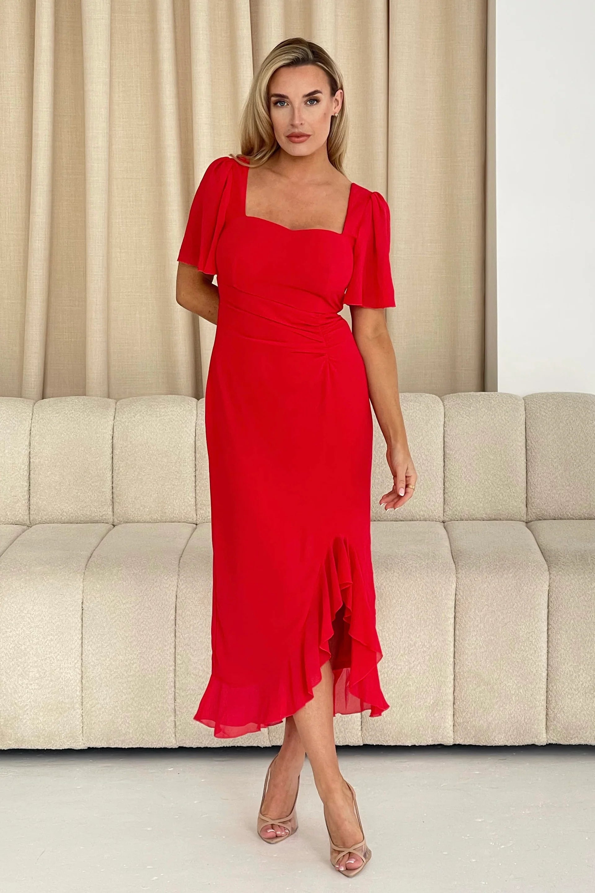 Heidi Red Ruched Angel Sleeve Frill Hem Midi Dress | LittleMadam