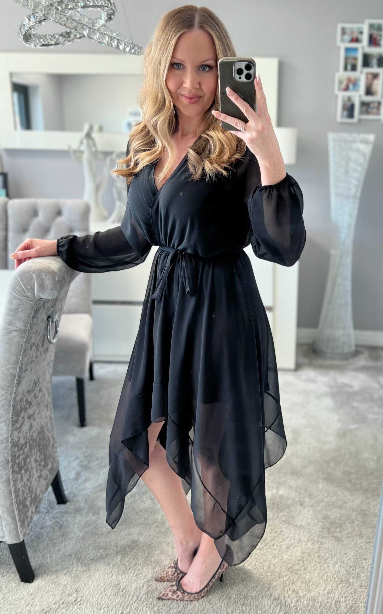 Dream Girl Black Waterfall Hem Chiffon Midi Dress | LittleMadam