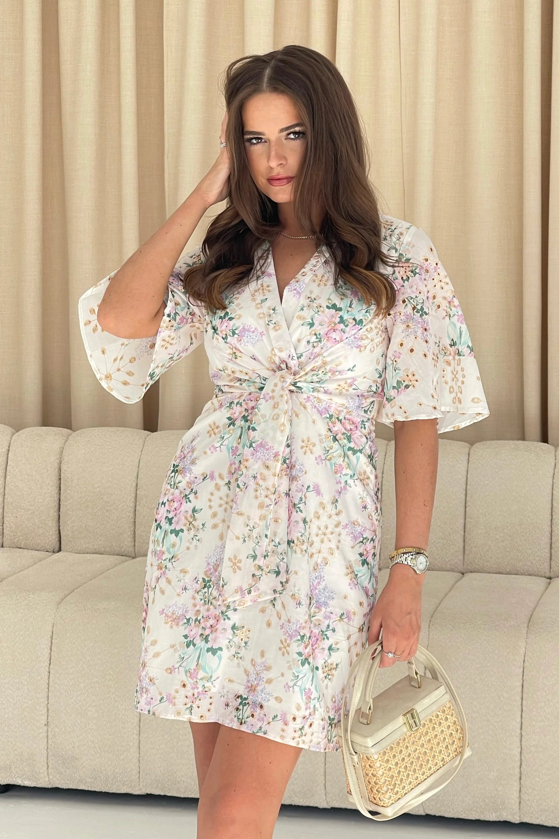 Jemima Pastel Broderie Print Wrap Front Mini Dress | LittleMadam