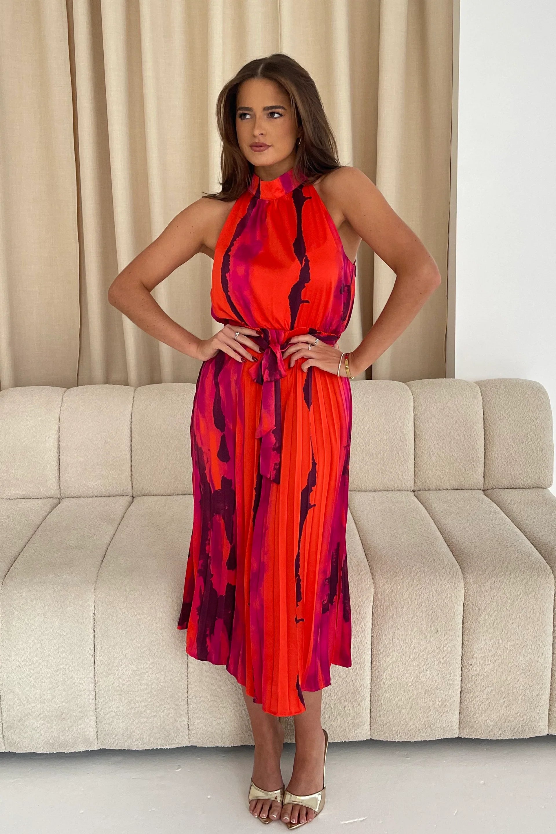 Carla Red Marble Halterneck Belted Pleated Maxi Dress | LittleMadam