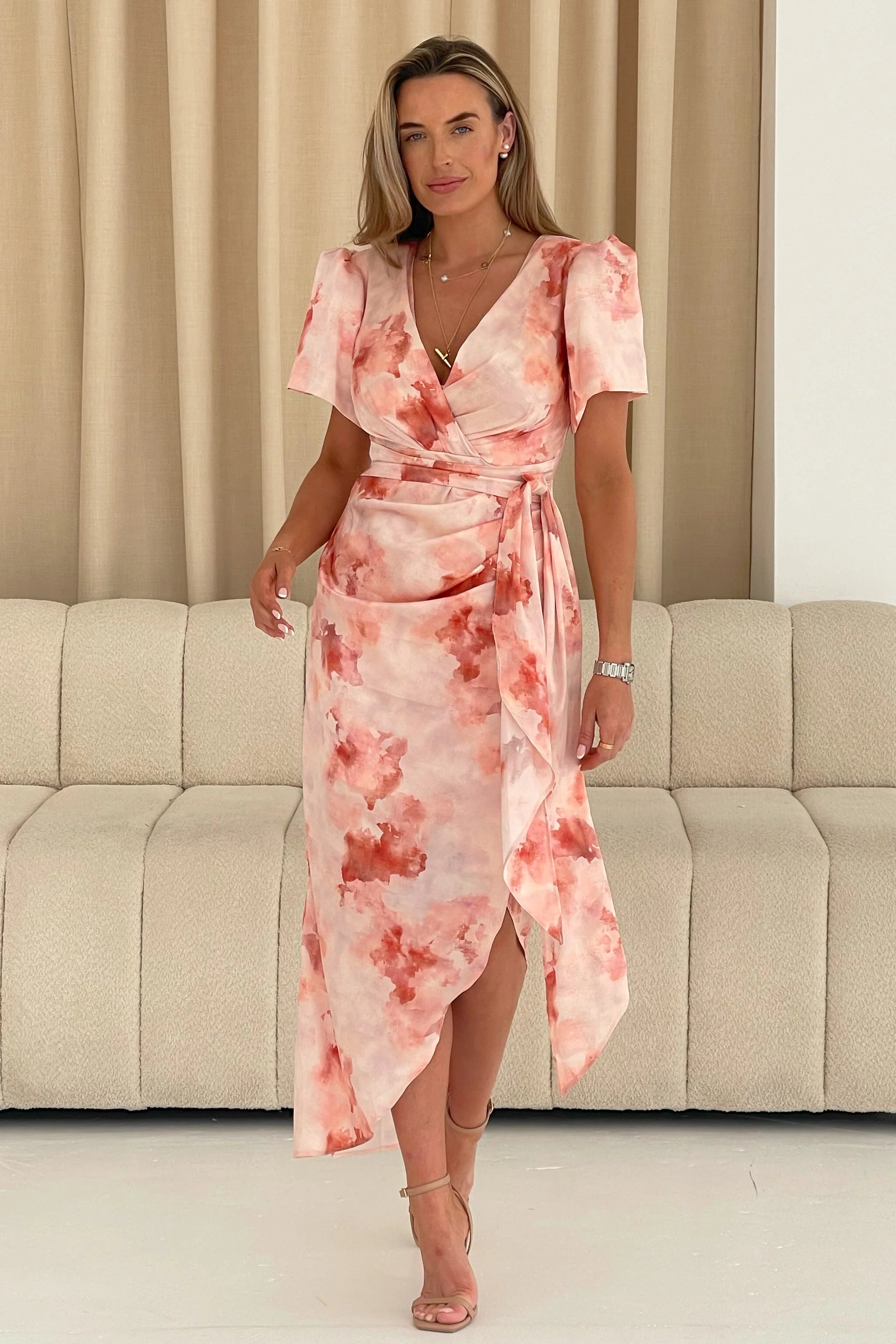 Drew Blush Pink Marble Wrap Short Puff Sleeve Midi Dress | LittleMadam
