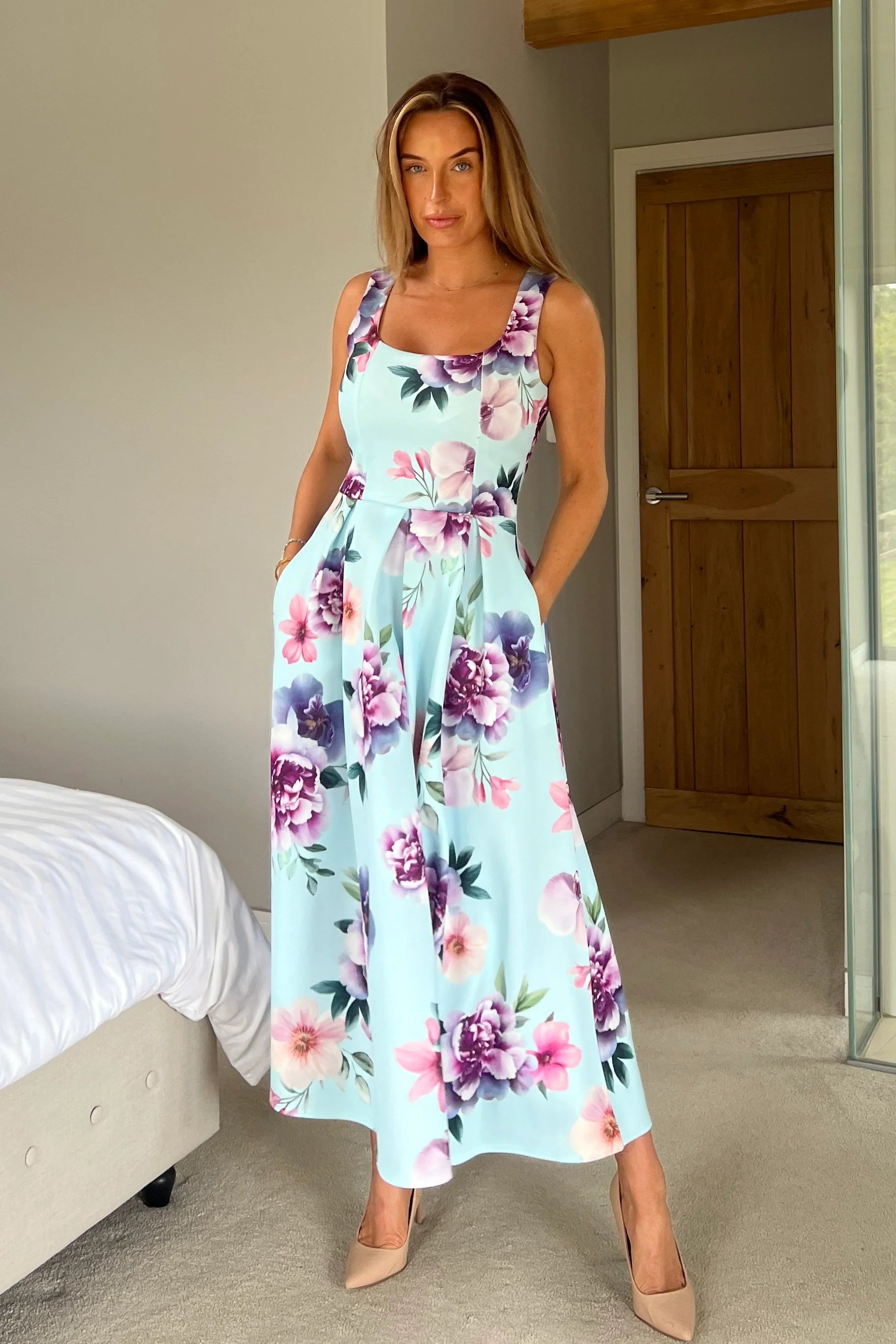 Erica Square Neck Pleated Midi Dress Blue Floral | LittleMadam