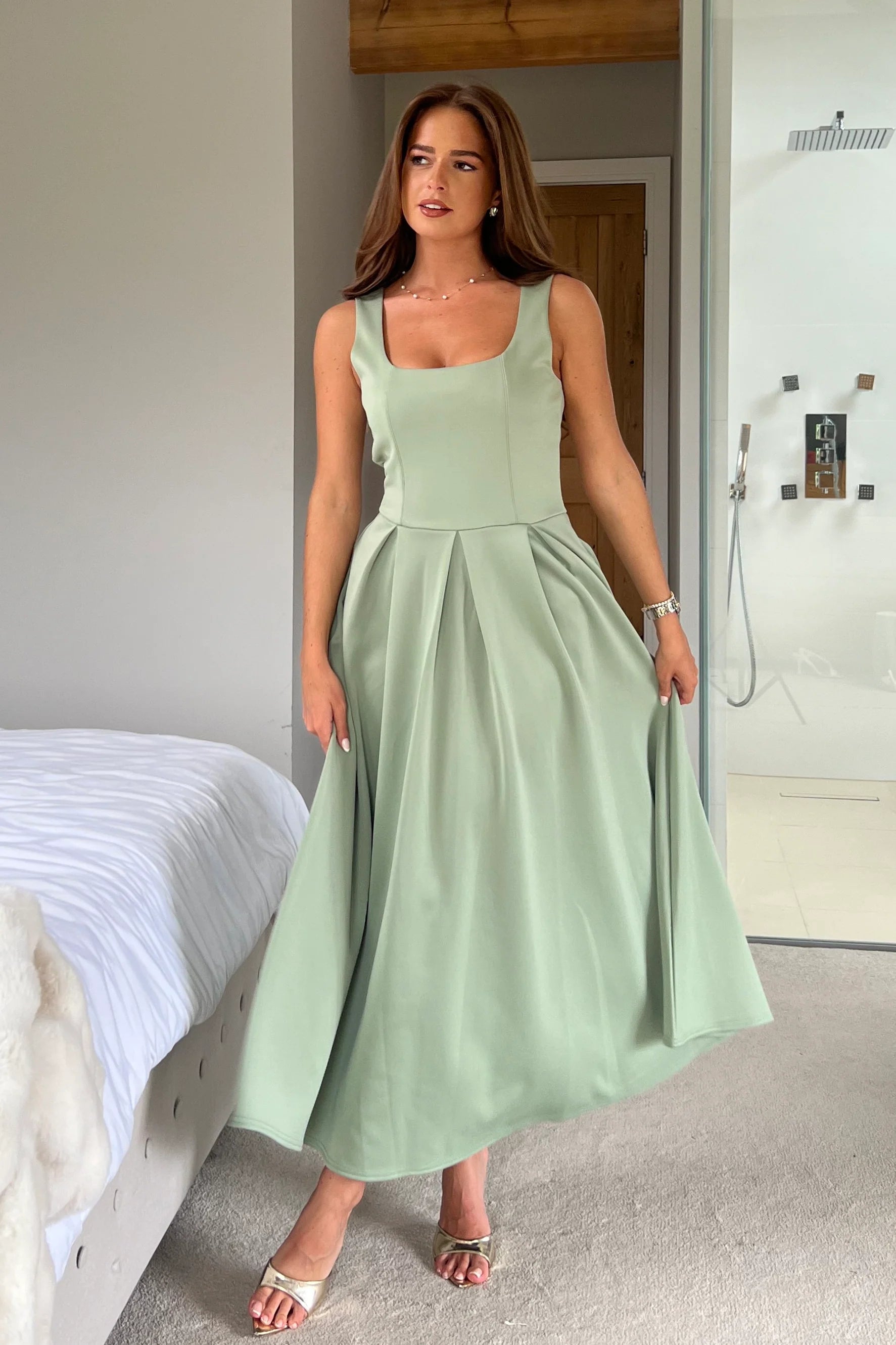 Erica Square Neck Pleated Midi Dress Sage Green | LittleMadam