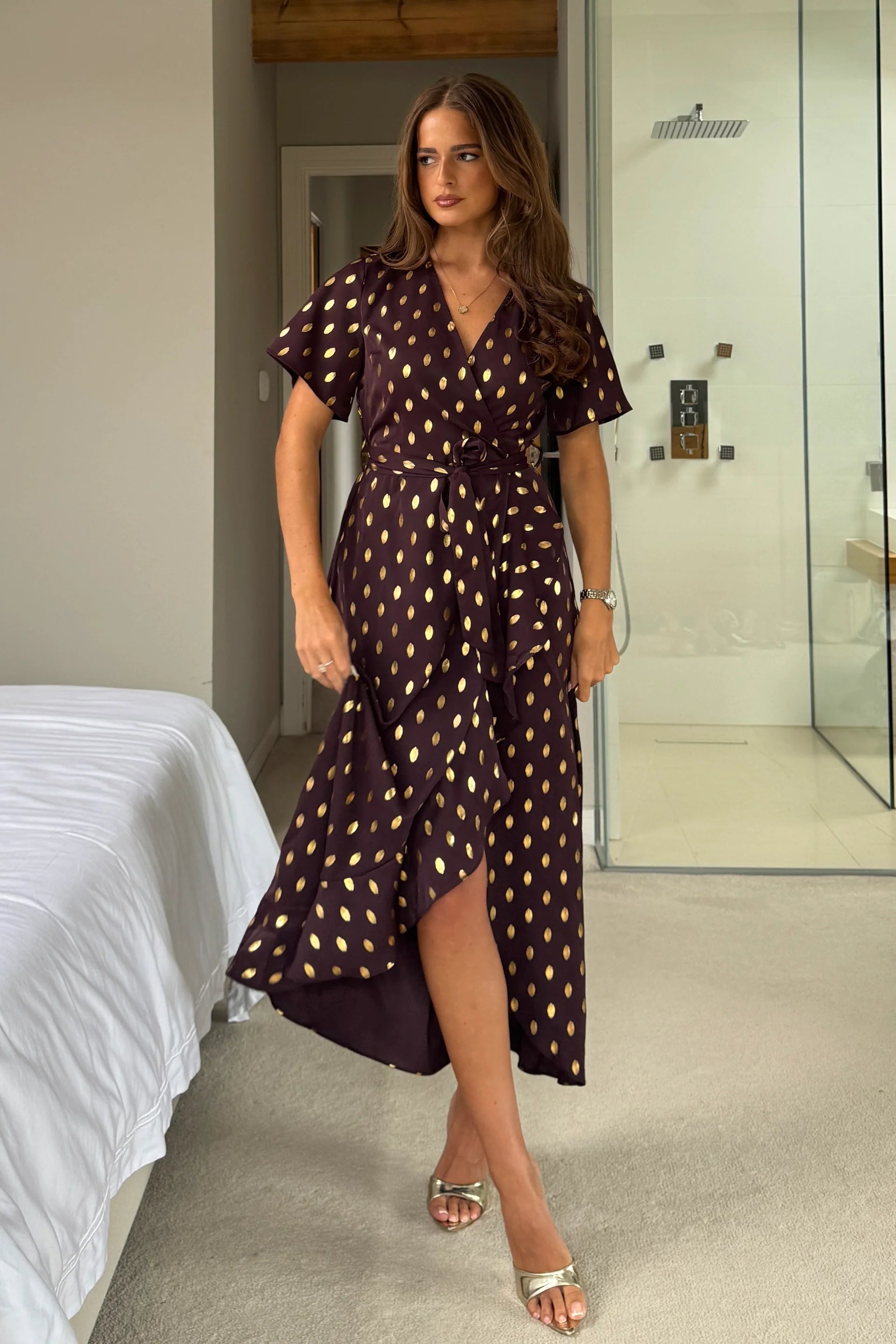 Farren Brown and Gold Foil Wrap Detail Short Sleeve Belted Maxi Dress ...