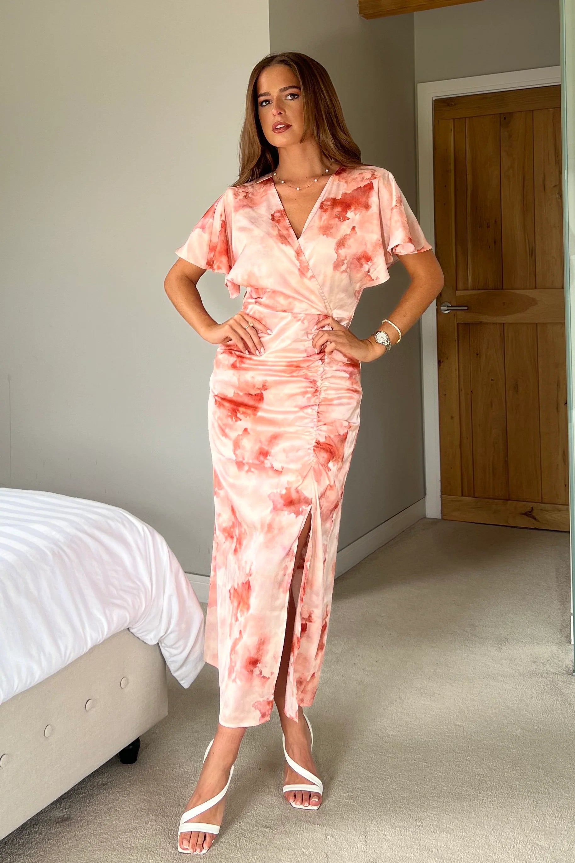 Priscilla Blush Pink Print Wrap Over Ruched Detail Midi Dress | LittleMadam