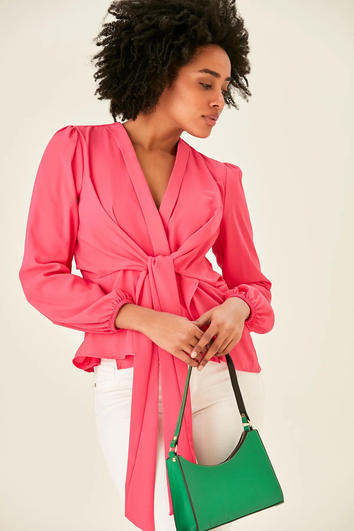 Jemima Pink Front Knot Long Sleeve Blouse | LittleMadam